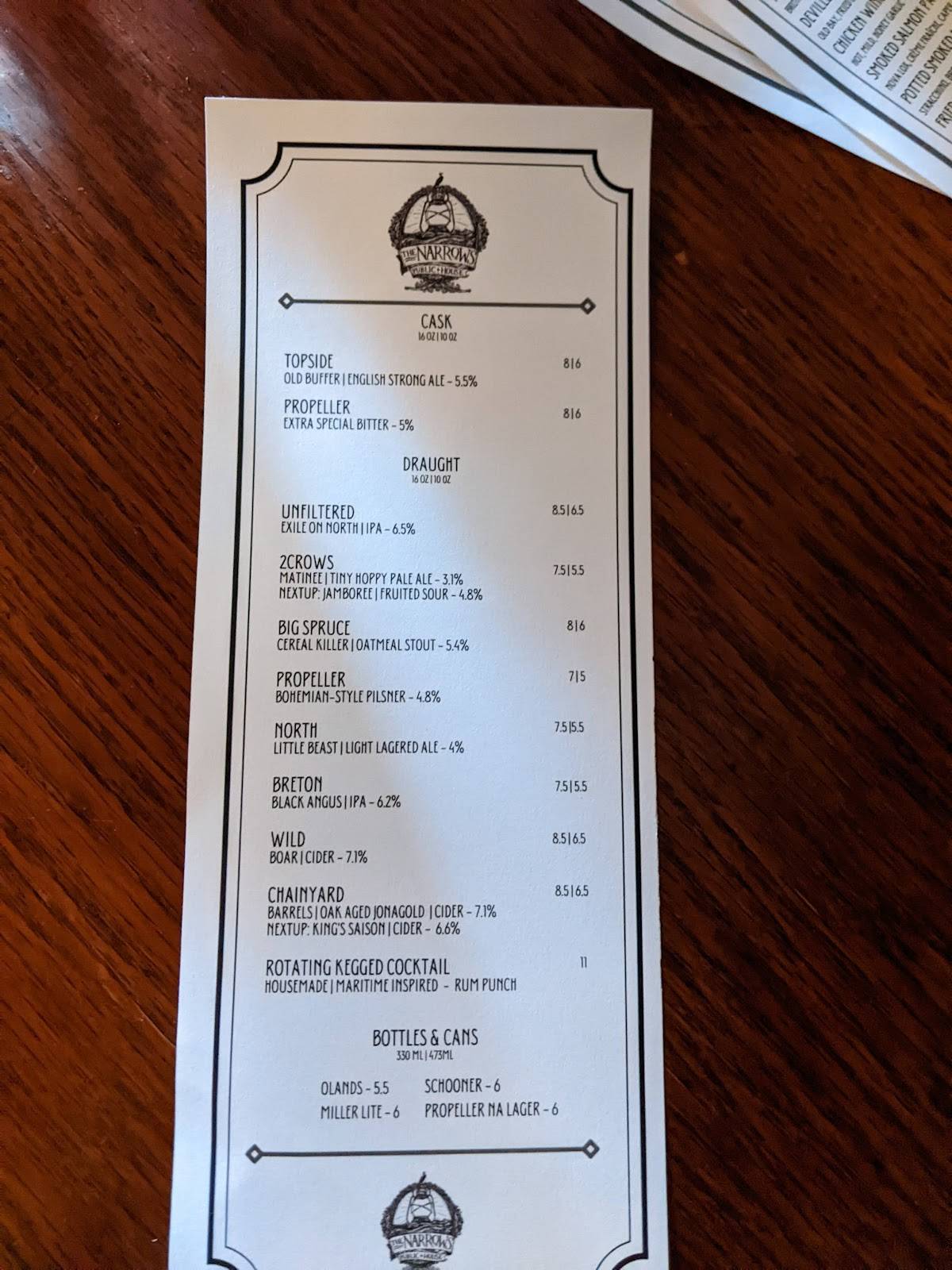 Menu at The Narrows Public House, Halifax