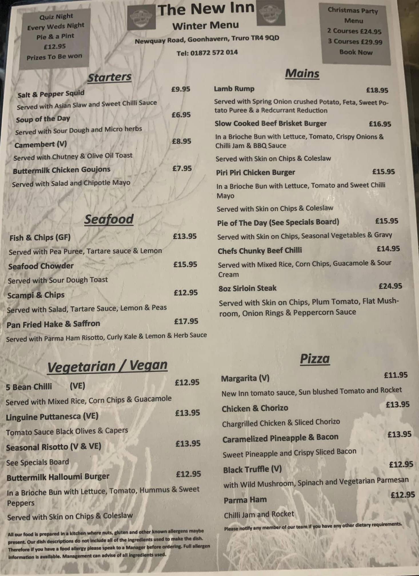 Menu at New Inn Goonhavern pub & bar, Perranzabuloe