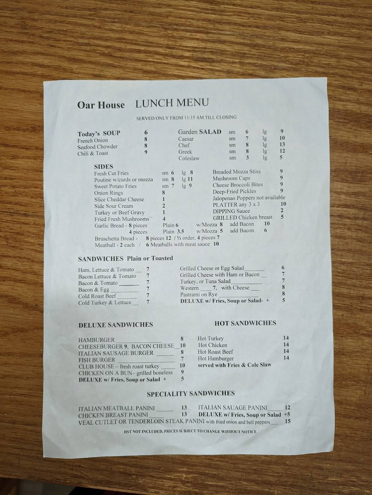 Menu at The Oar House pub & bar, Marathon