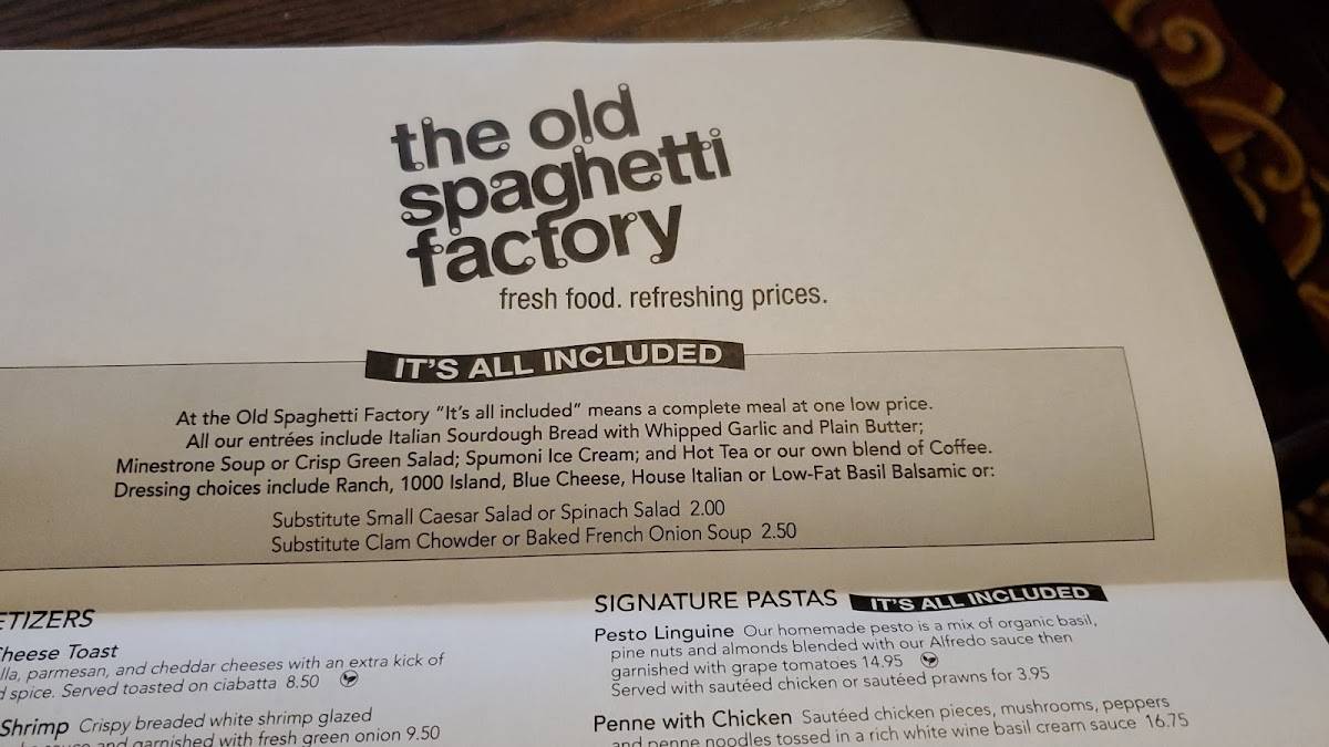 Menu at The Old Spaghetti Factory (Saskatoon) restaurant, Saskatoon