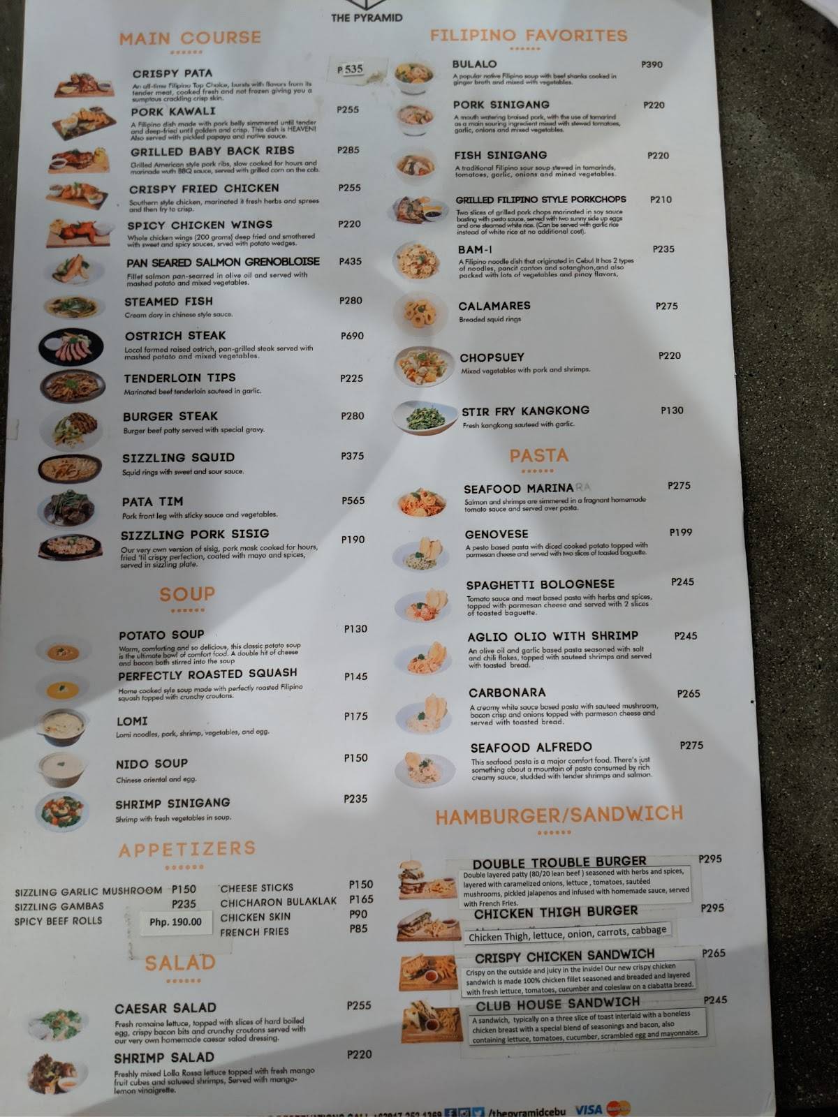 Menu at The Pyramid restaurant, Cebu City