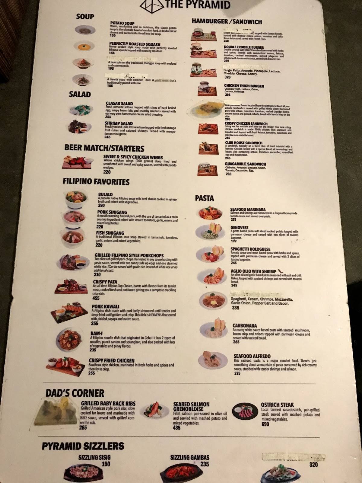 Menu at The Pyramid restaurant, Cebu City