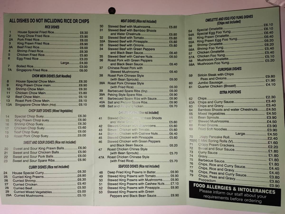 Menu at The Rising Sun restaurant, Newbridge
