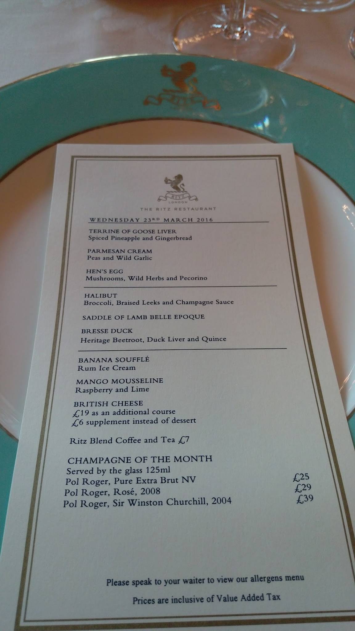 Menu at The Ritz Restaurant, London