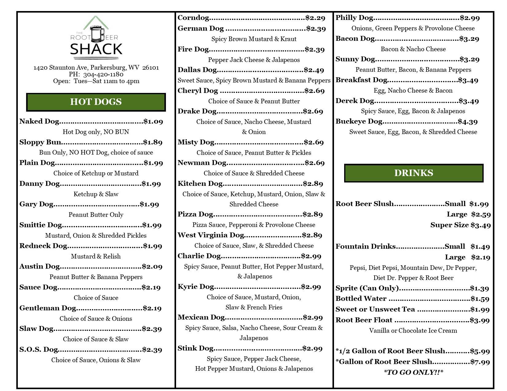 Menu at The Root Beer Shack restaurant, Parkersburg