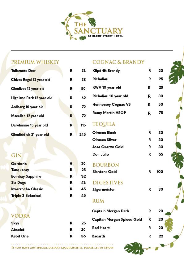 Menu at The Sanctuary Restaurant - Cape Town, Cape Town