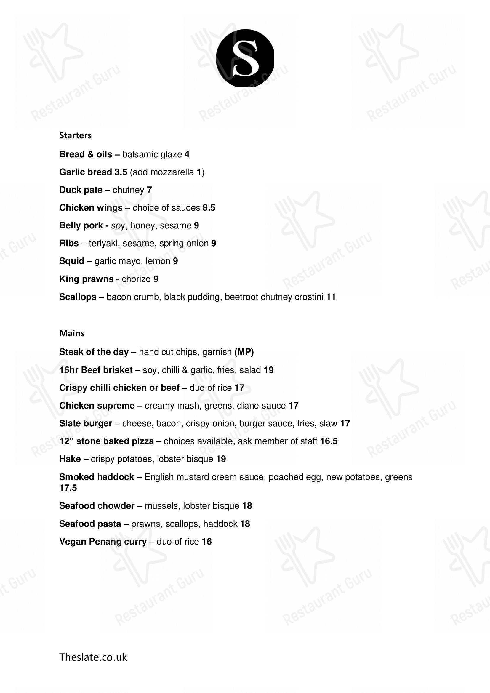 Menu at The Slate / Y Llechan pub & bar, Bangor