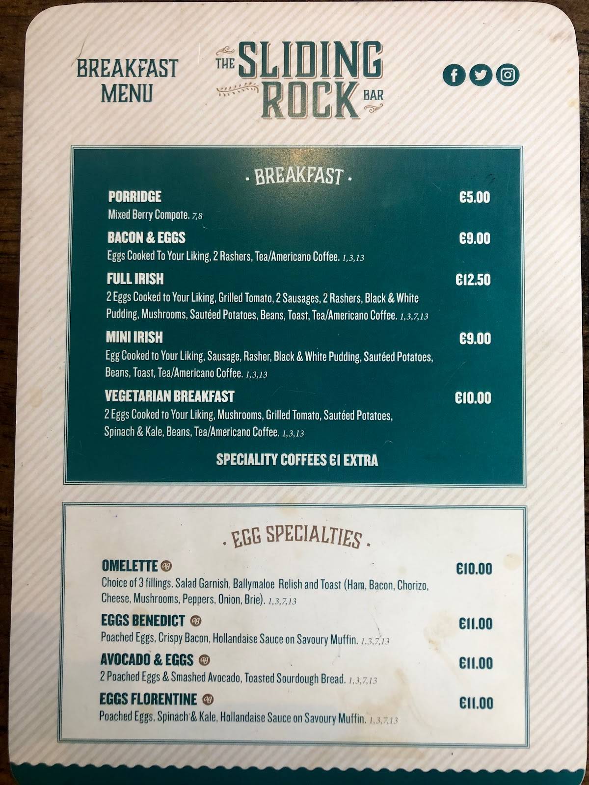 Menu at The Sliding Rock pub & bar, Galway