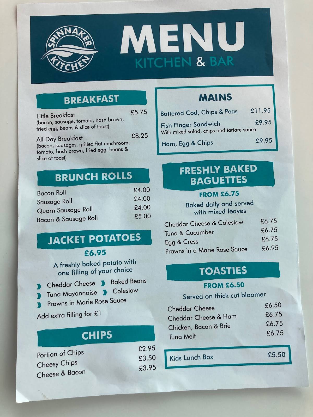 Menu at The Spinnaker Cafe, Portsmouth