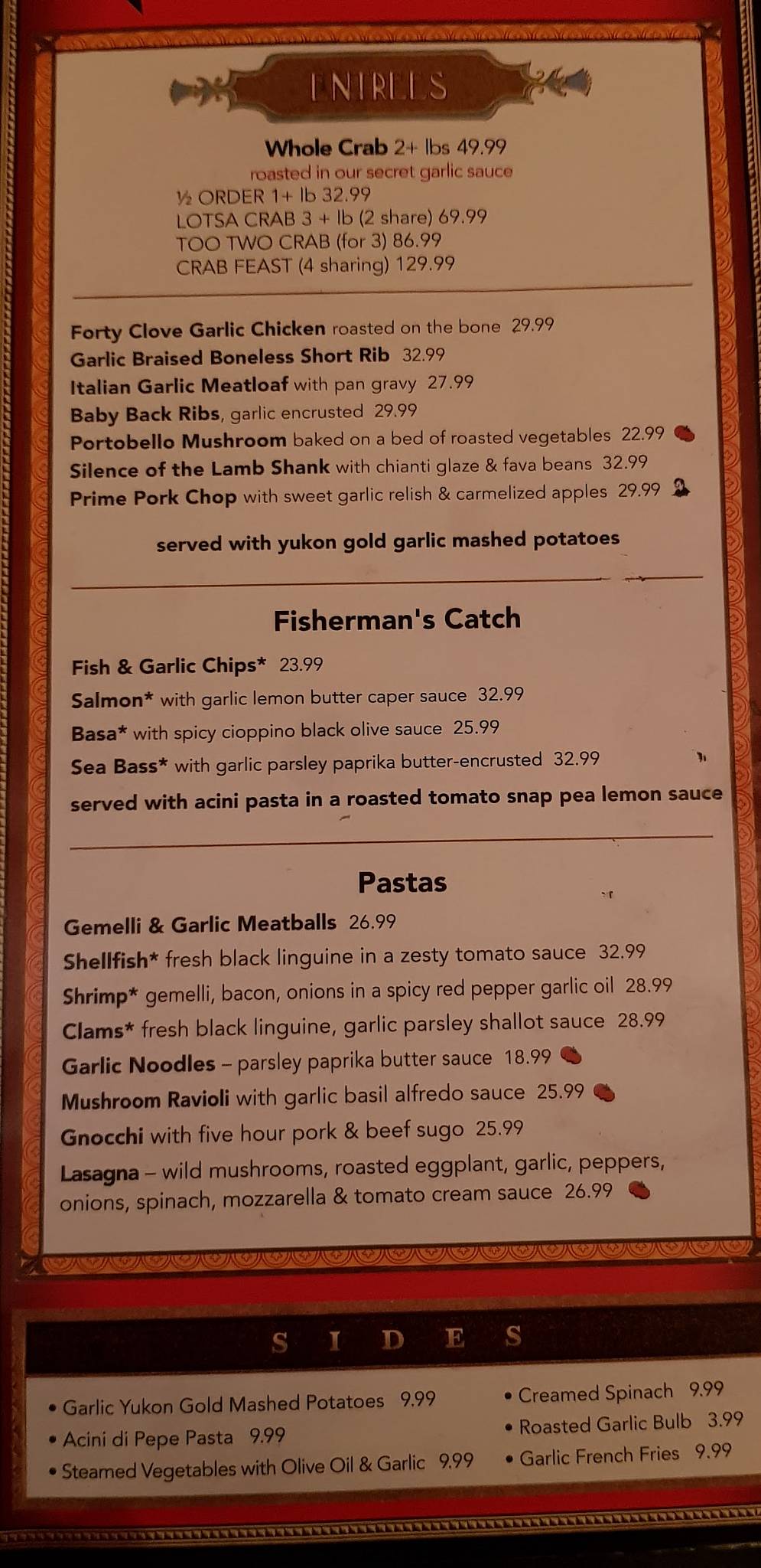 Menu at The Stinking Rose steakhouse, Beverly Hills