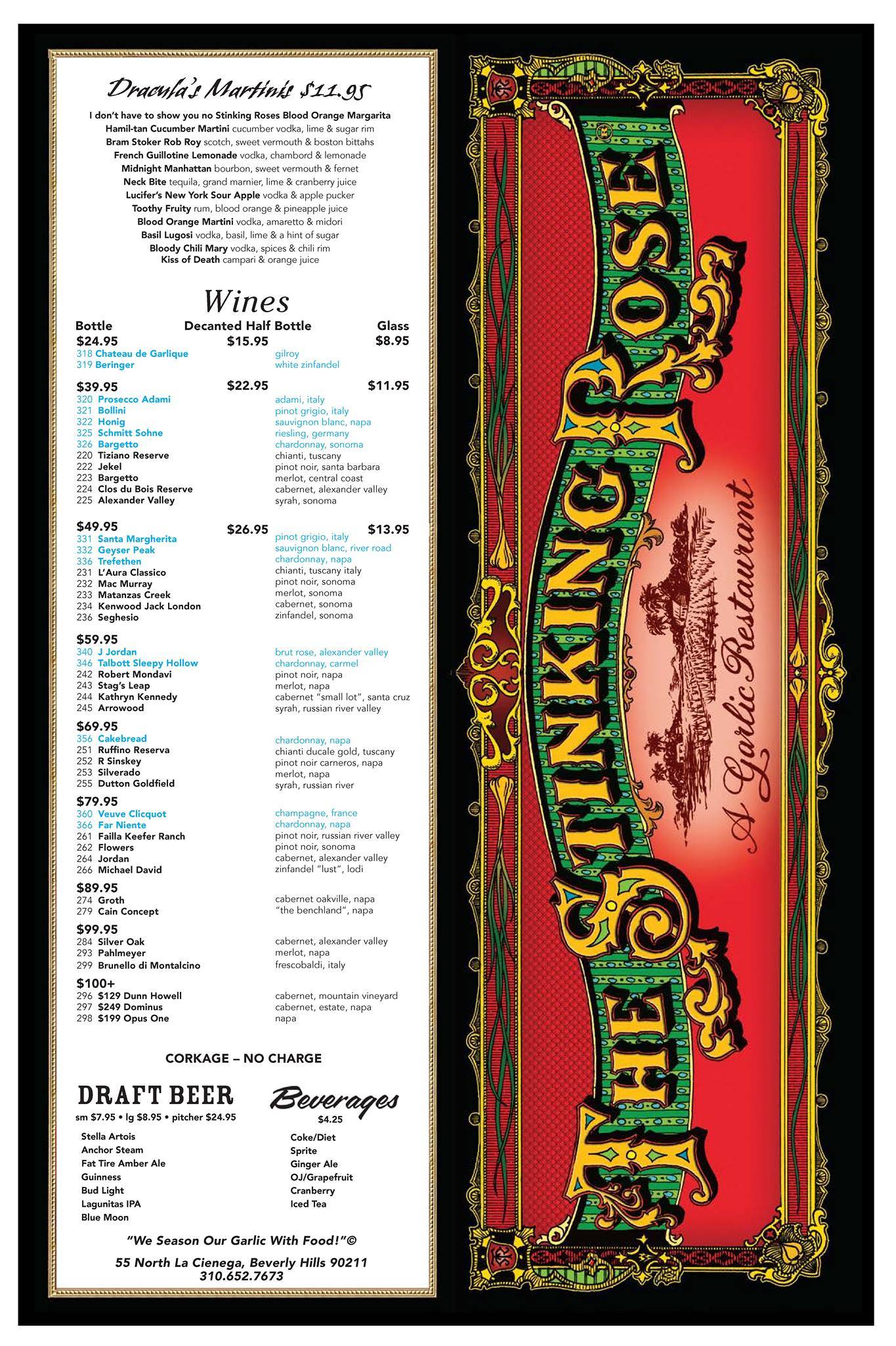 Menu at The Stinking Rose steakhouse, Beverly Hills