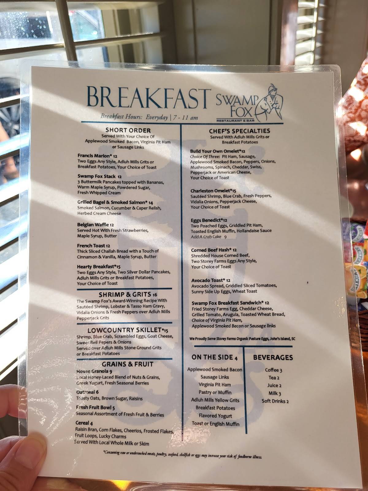 Menu at The Swamp Fox Restaurant, Charleston
