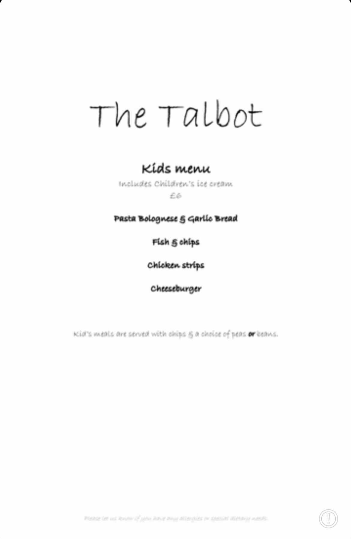 Menu at The Talbot pub & bar, Stockton-on-Tees