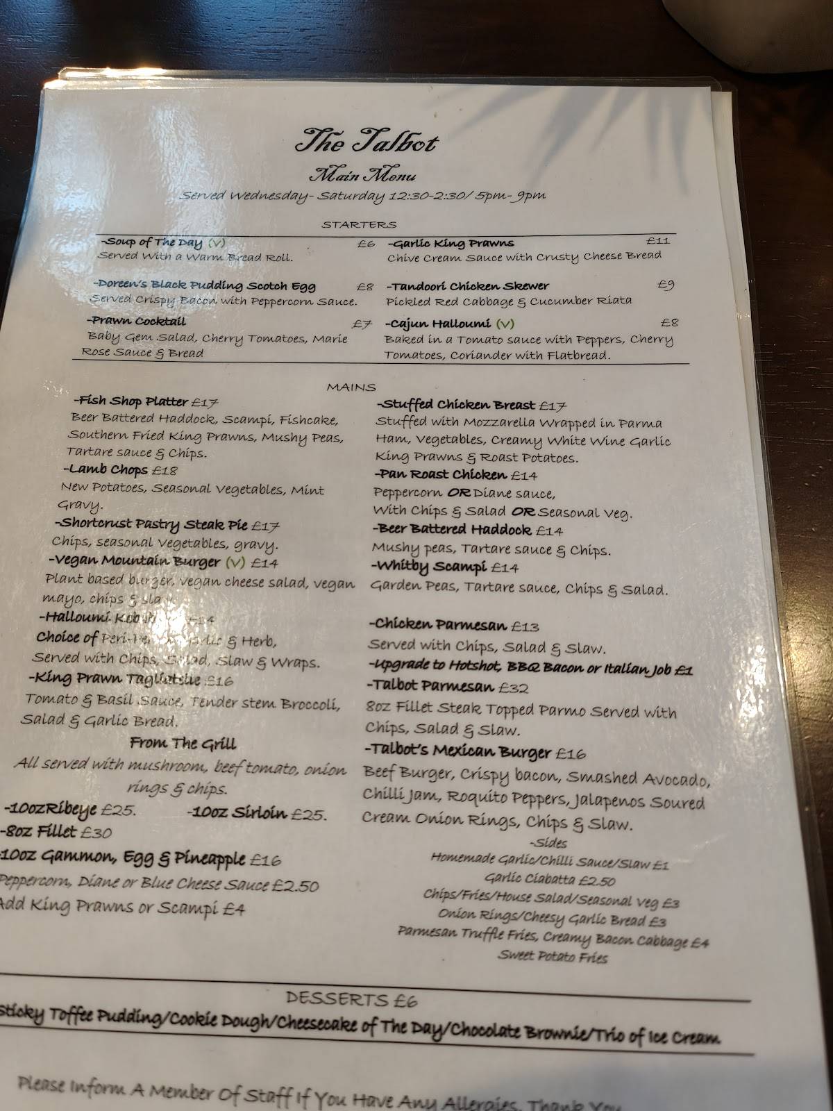 Menu at The Talbot pub & bar, Stockton-on-Tees