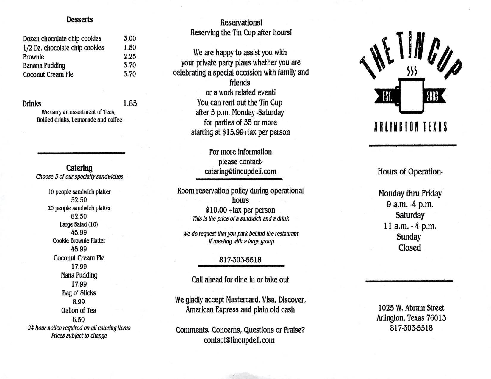 Menu at The Tin Cup cafe, Arlington