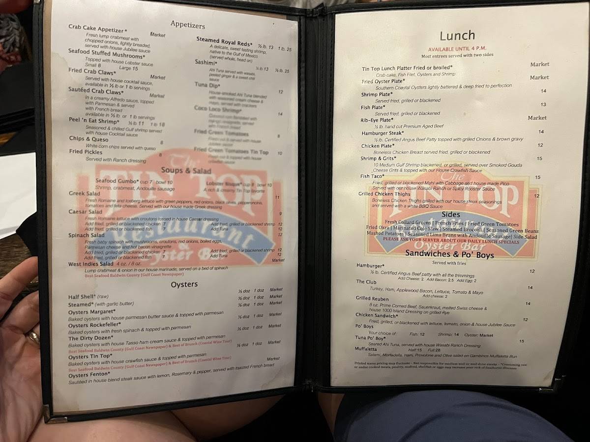 Menu at The Tin Top Restaurant & Oyster Bar, Bon Secour