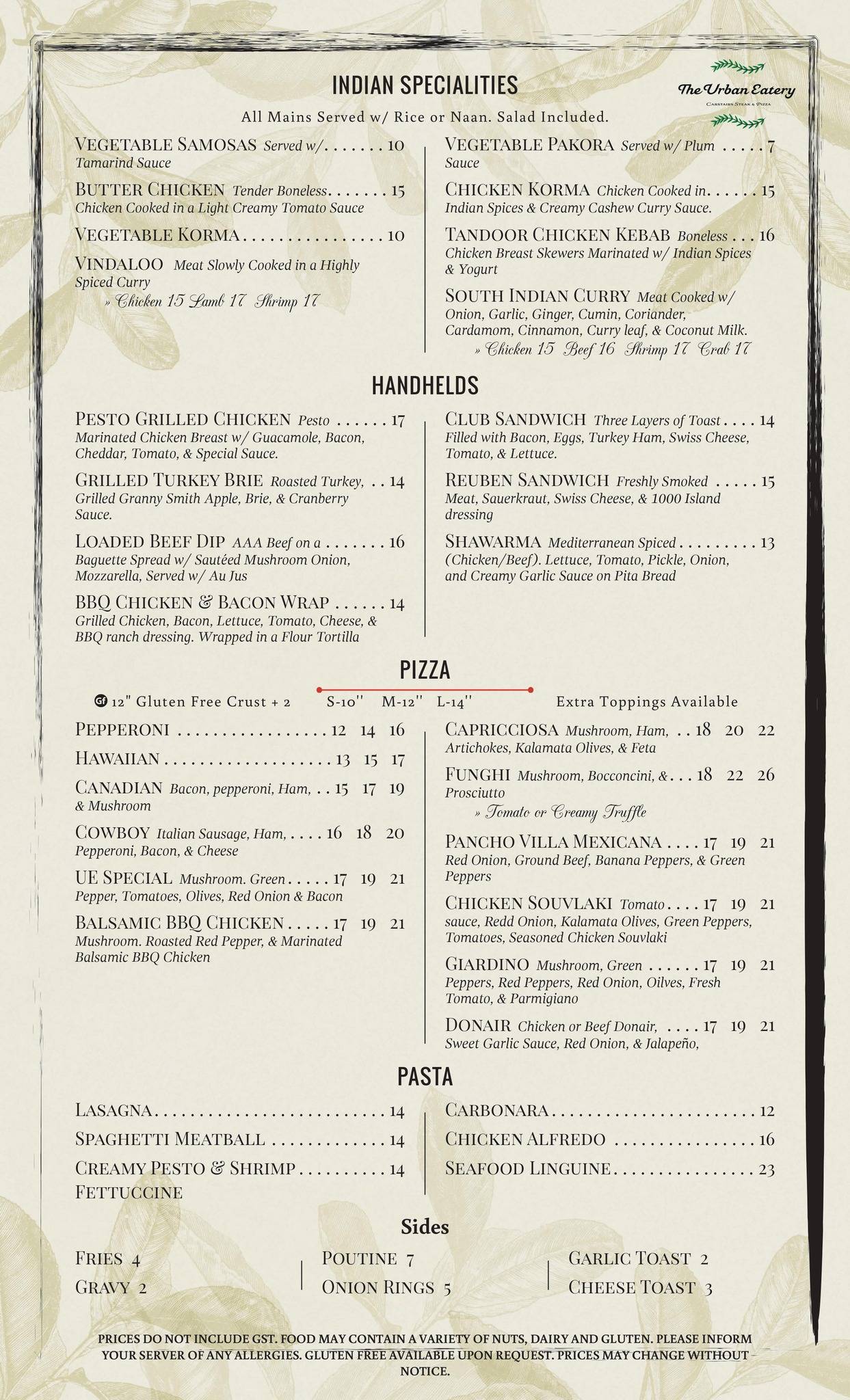 Menu at The Urban Eatery Carstairs Steak & Pizza steakhouse, Carstairs