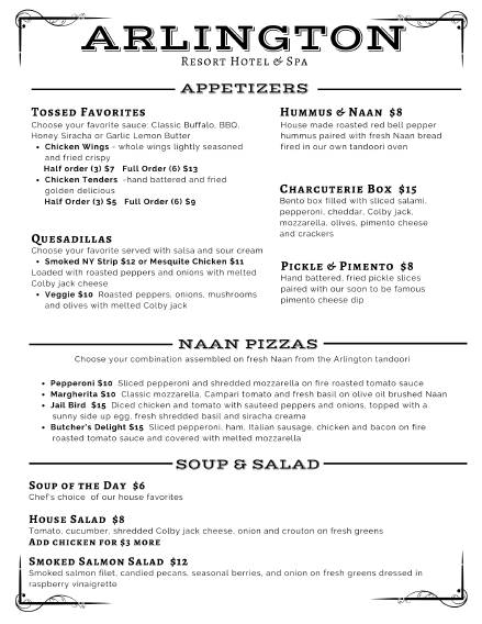 Menu at The Venetian Dining Room at the Arlington restaurant, Hot Springs
