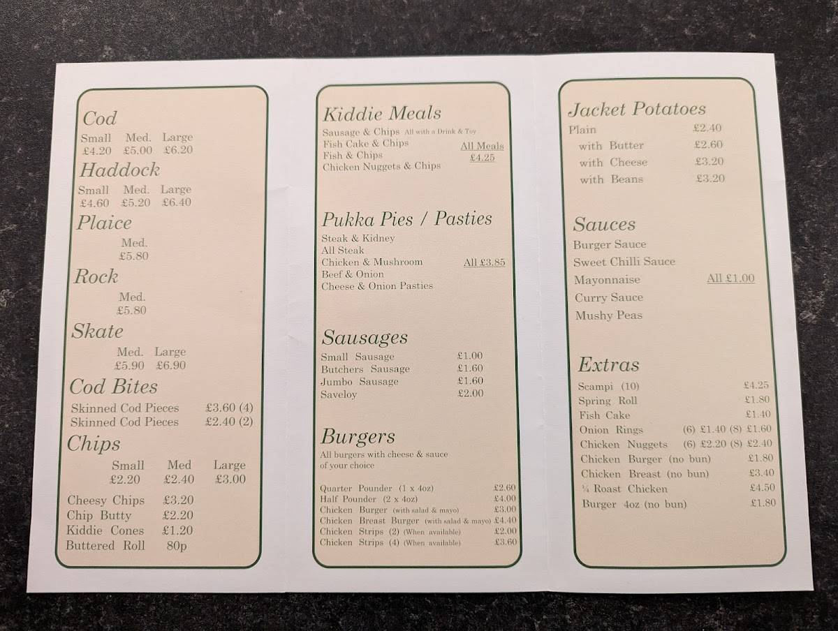Menu at The Village Fryer fast food, Lowestoft