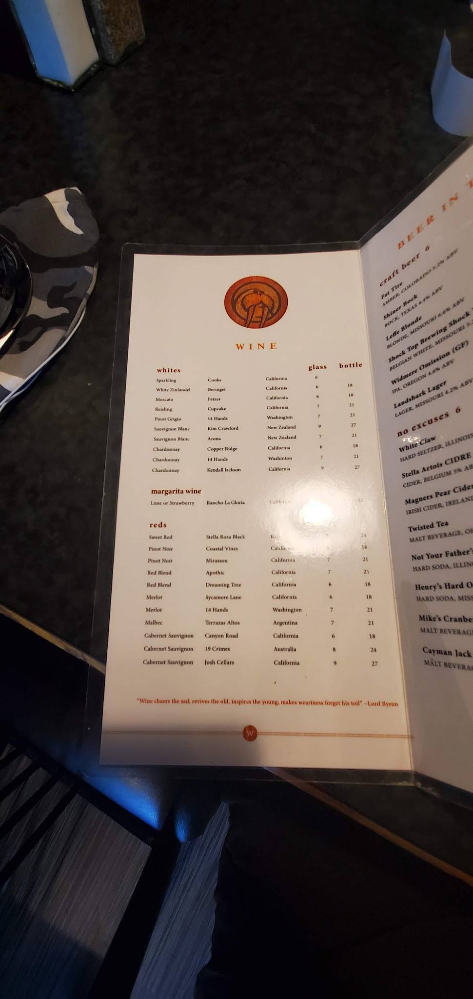 Menu at Walrus Restaurant, Bismarck