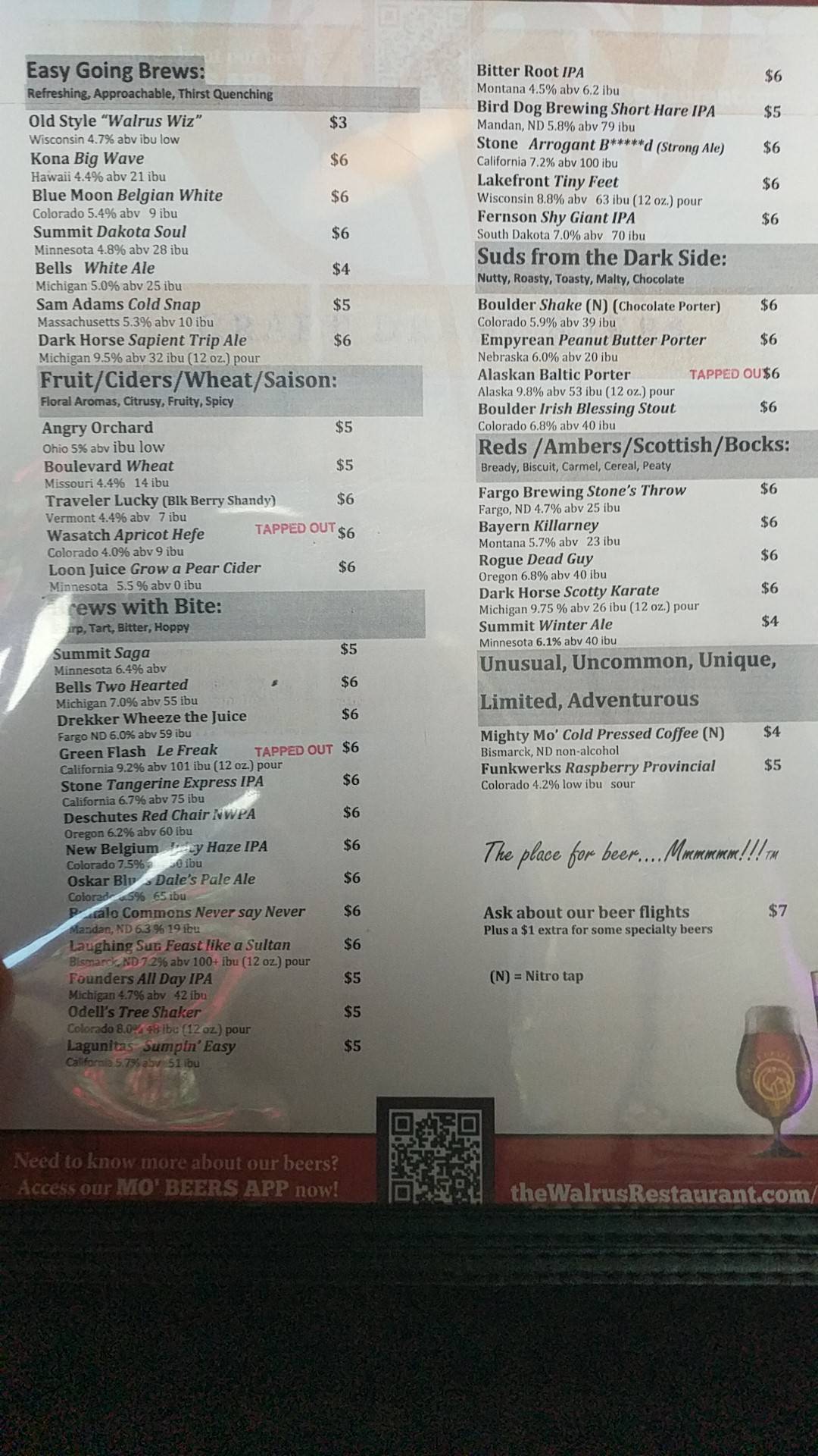 Menu at Walrus Restaurant, Bismarck