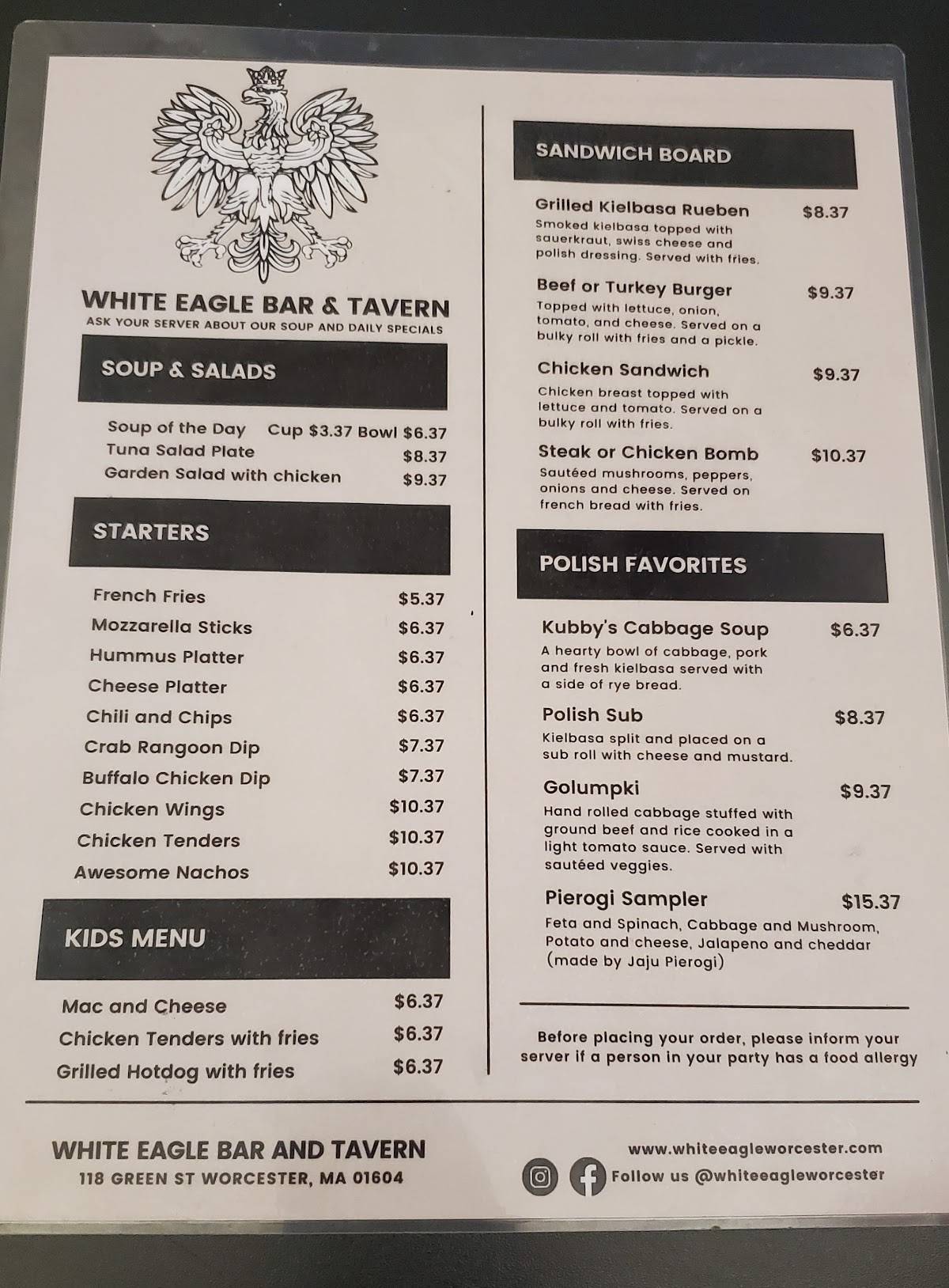 Menu at The White Eagle pub & bar, Worcester