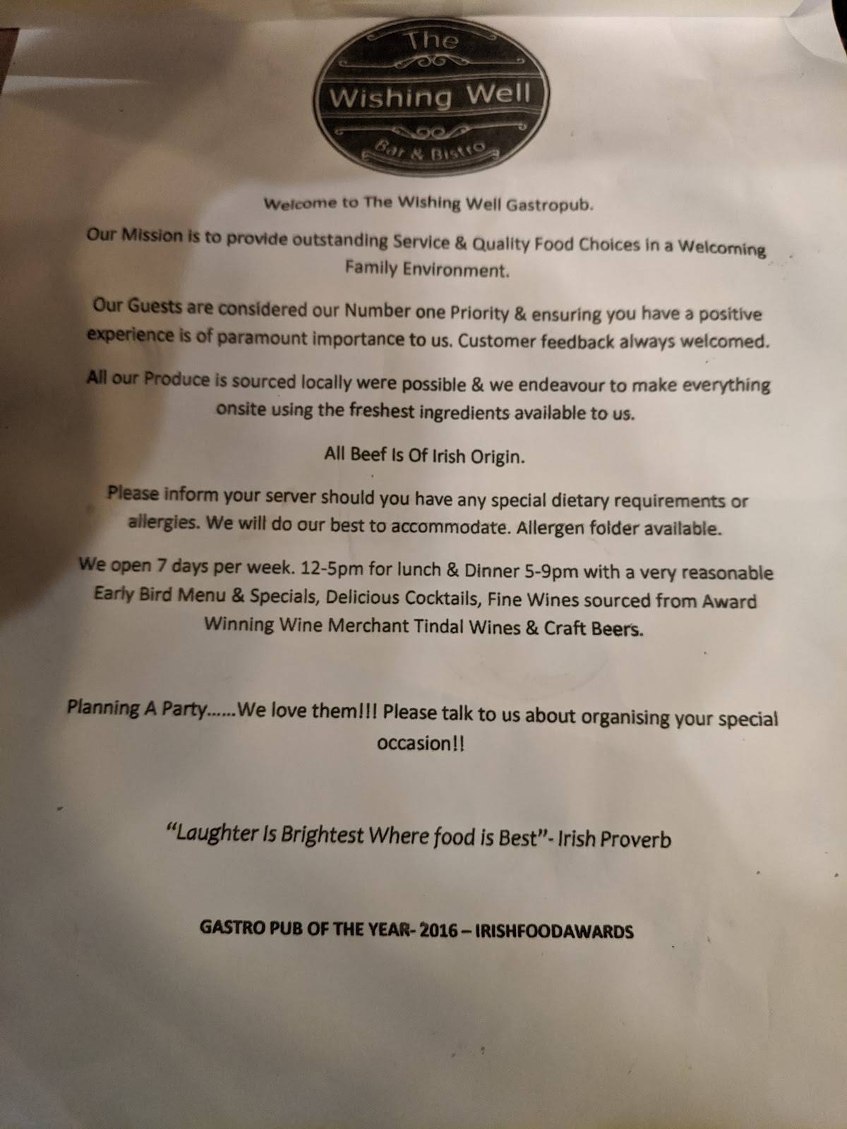 Menu at The Wishing Well - Bar and Bistro, Kingscourt, Main St