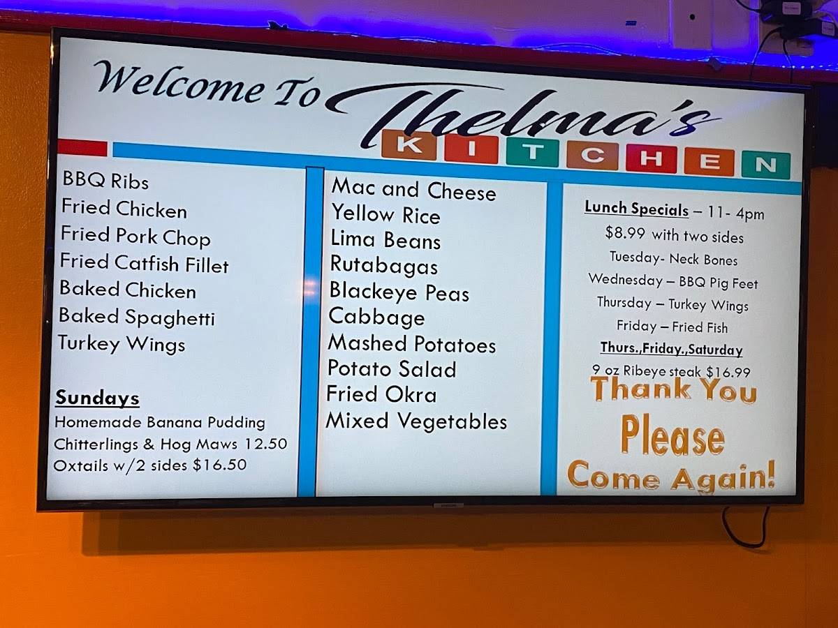 Menu at Thelma's Kitchen restaurant, Eufaula, 26 Mack St