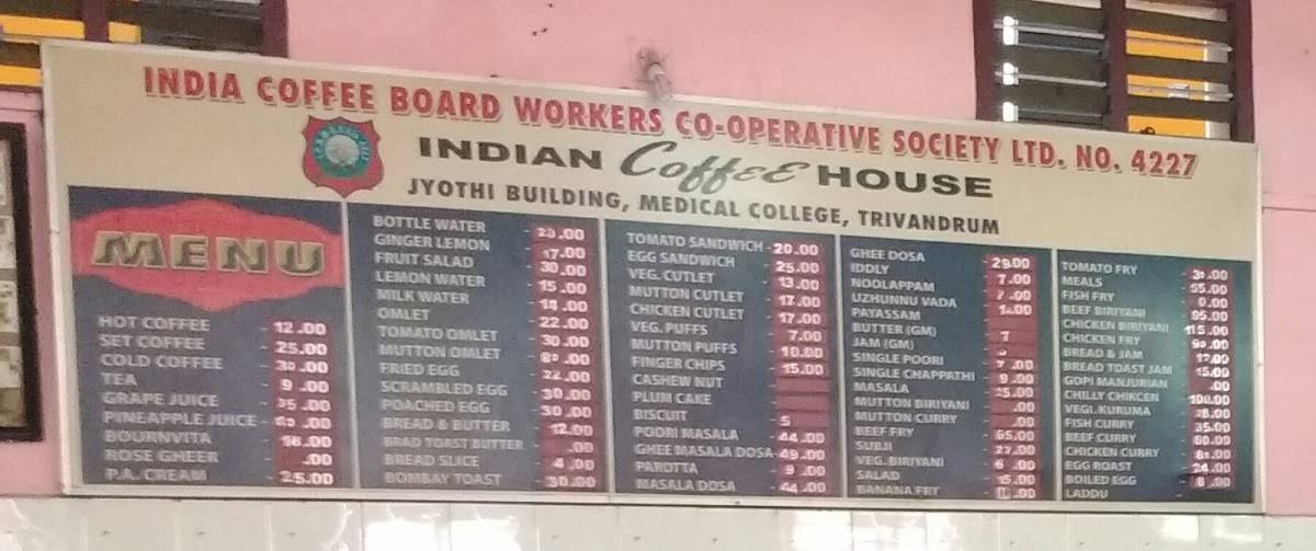 Menu at Indian Coffee House, Thiruvananthapuram, Medical college