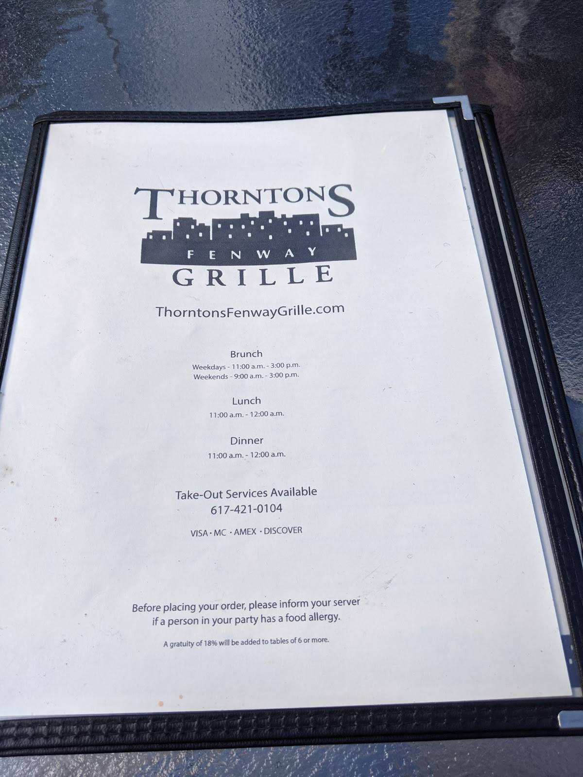Menu at Thornton's Fenway Grille restaurant, Boston