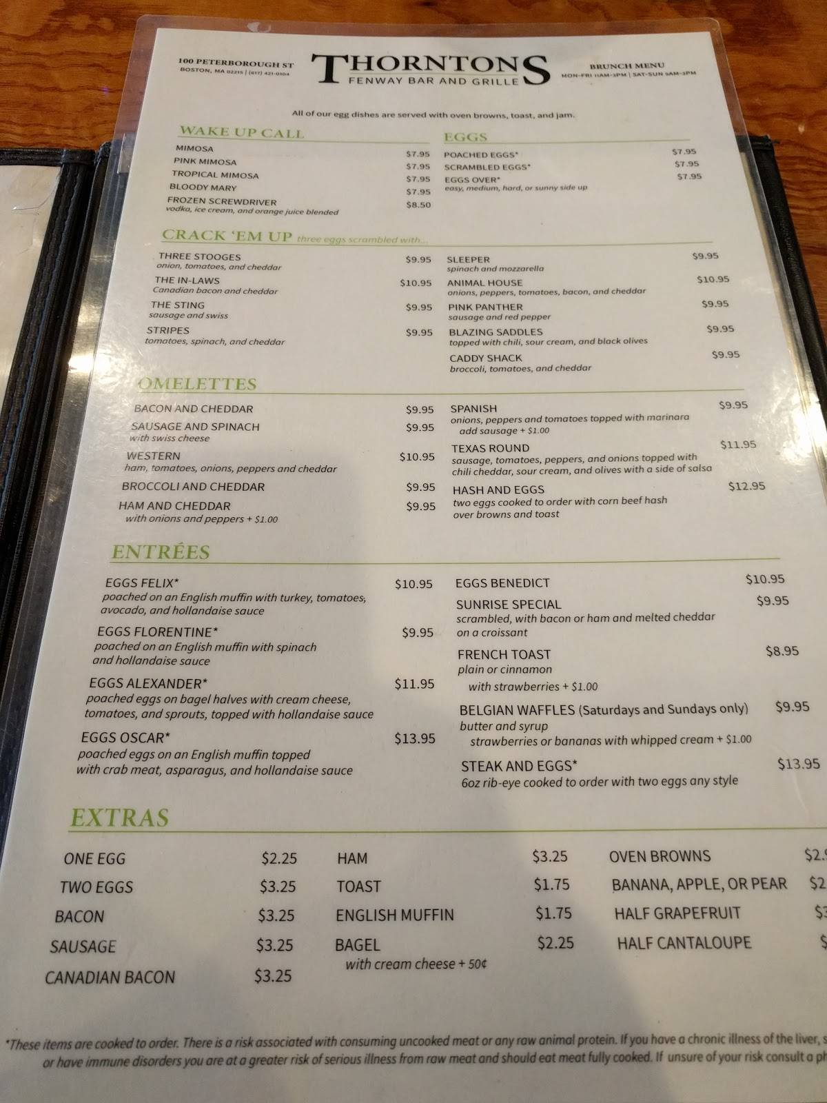 Menu at Thornton's Fenway Grille restaurant, Boston