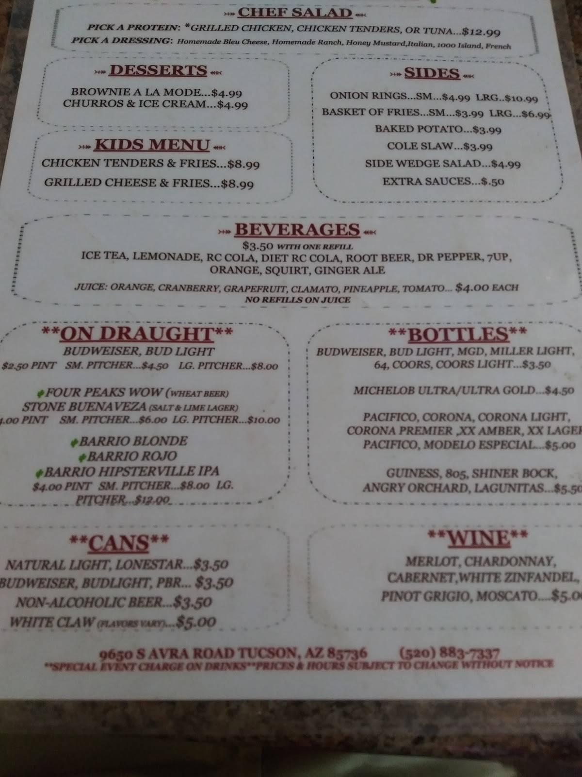Menu at Fred's Arena Bar & Steakhouse, Three Points