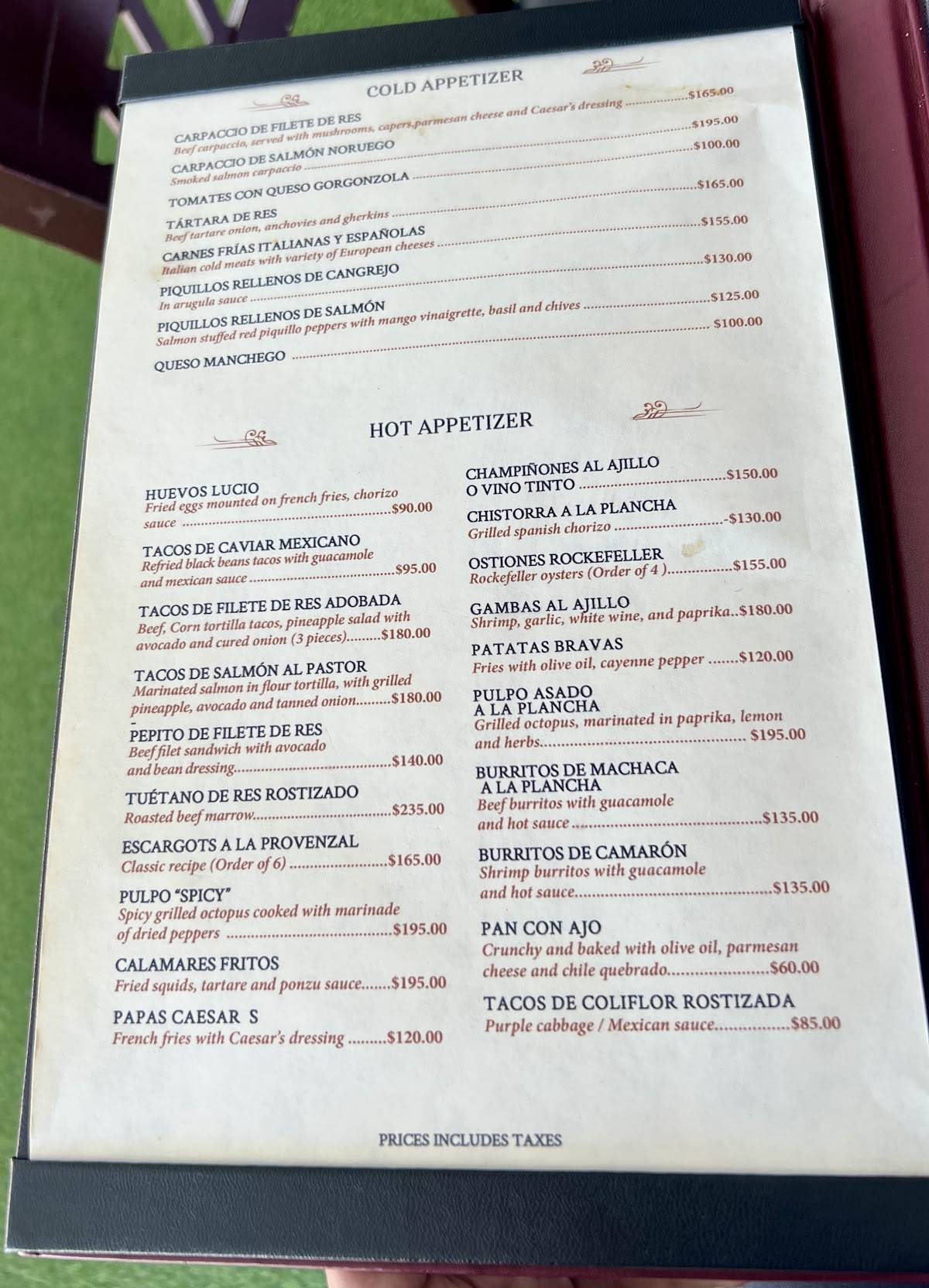 Menu at Caesar's pub & bar, Tijuana, Av. Revolución 8190