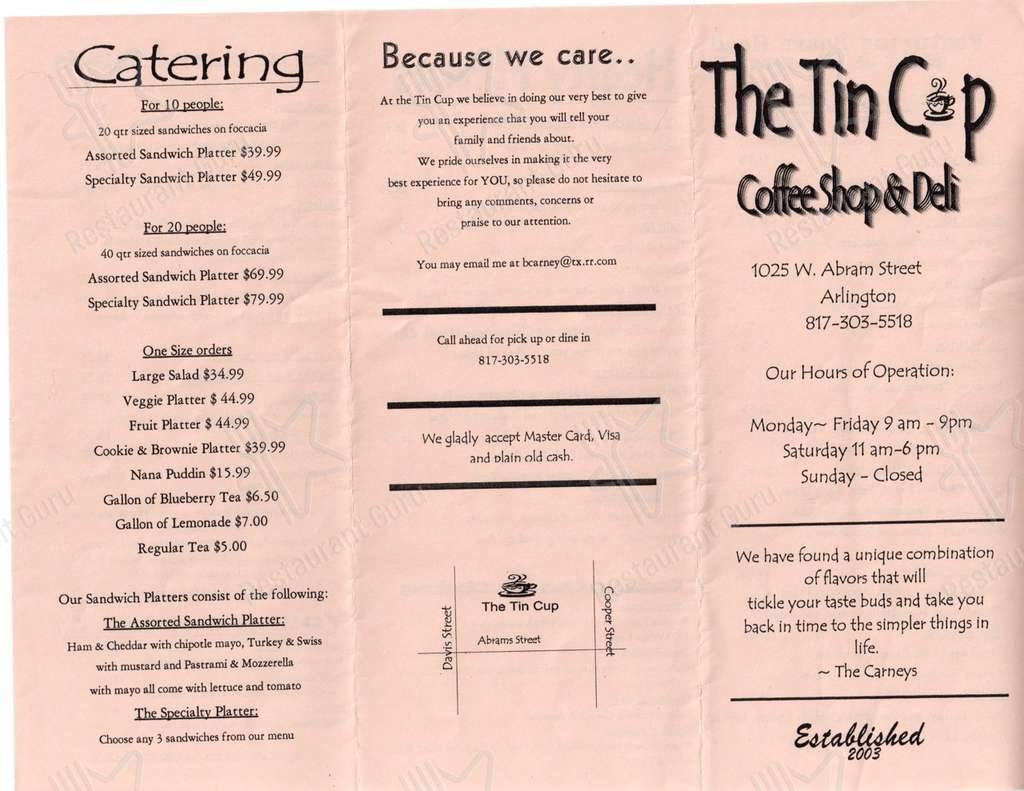 Menu at The Tin Cup cafe, Arlington
