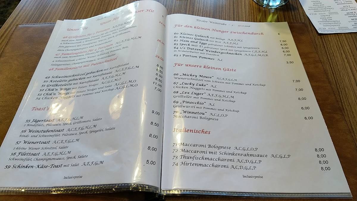 Menu at Tiroler Weinstube pub & bar, Innsbruck