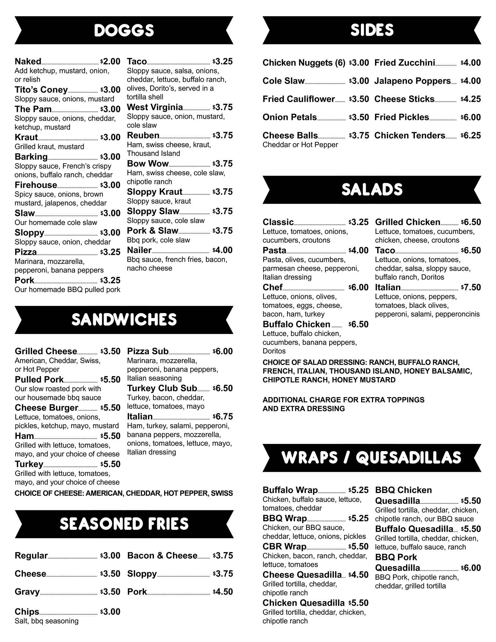 Menu at Tito's Sloppy Doggs restaurant, Wheeling, Market St