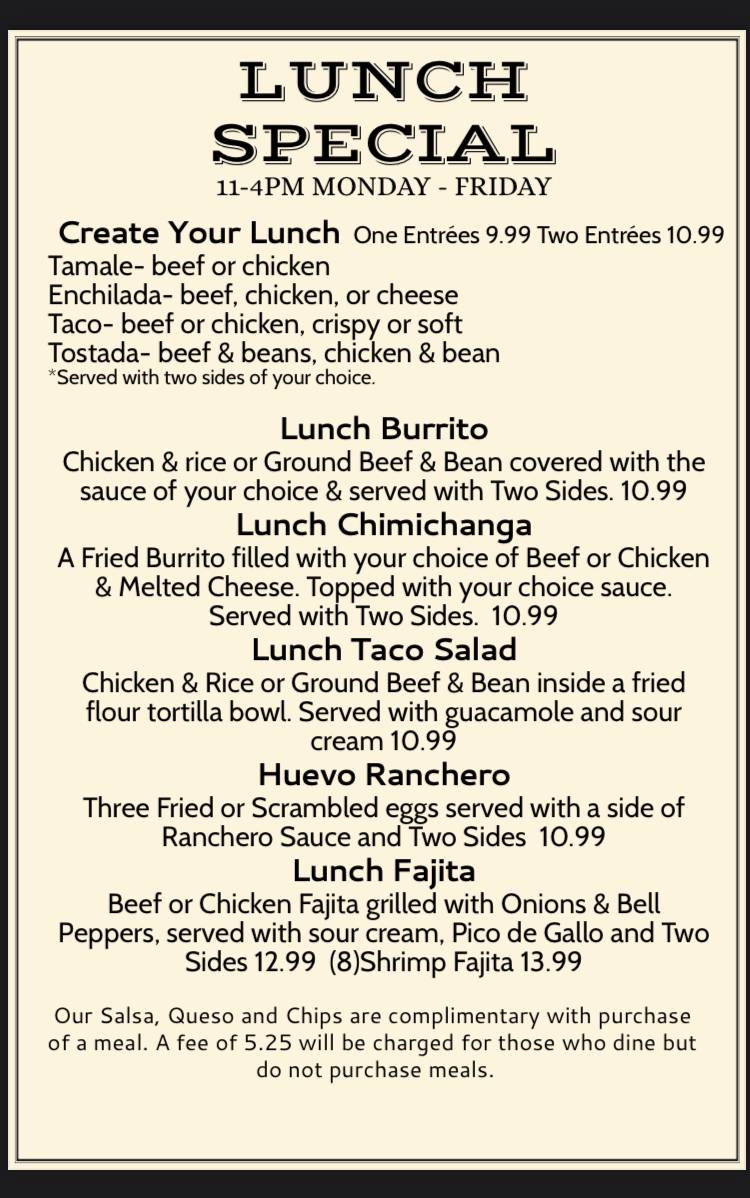 Menu at Toledo's Méxican Grill restaurant, Mustang