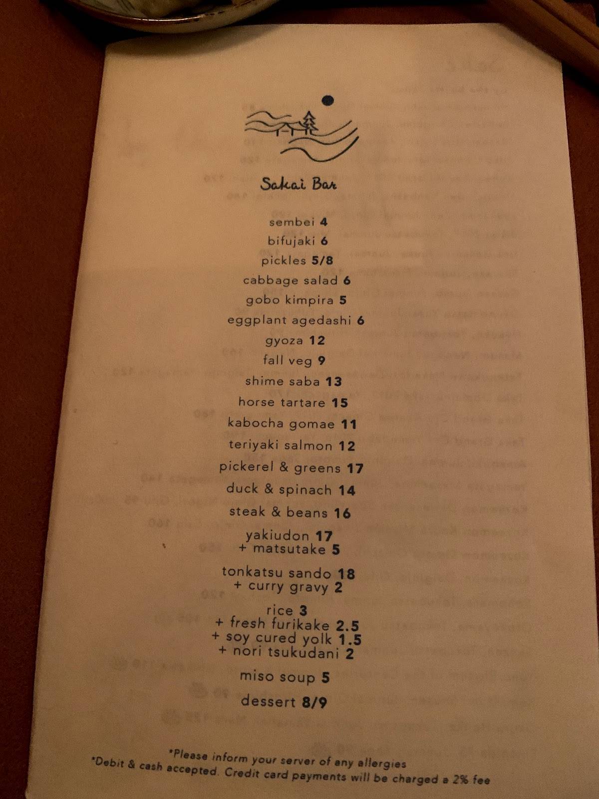 Carta de Sakai Bar, Toronto