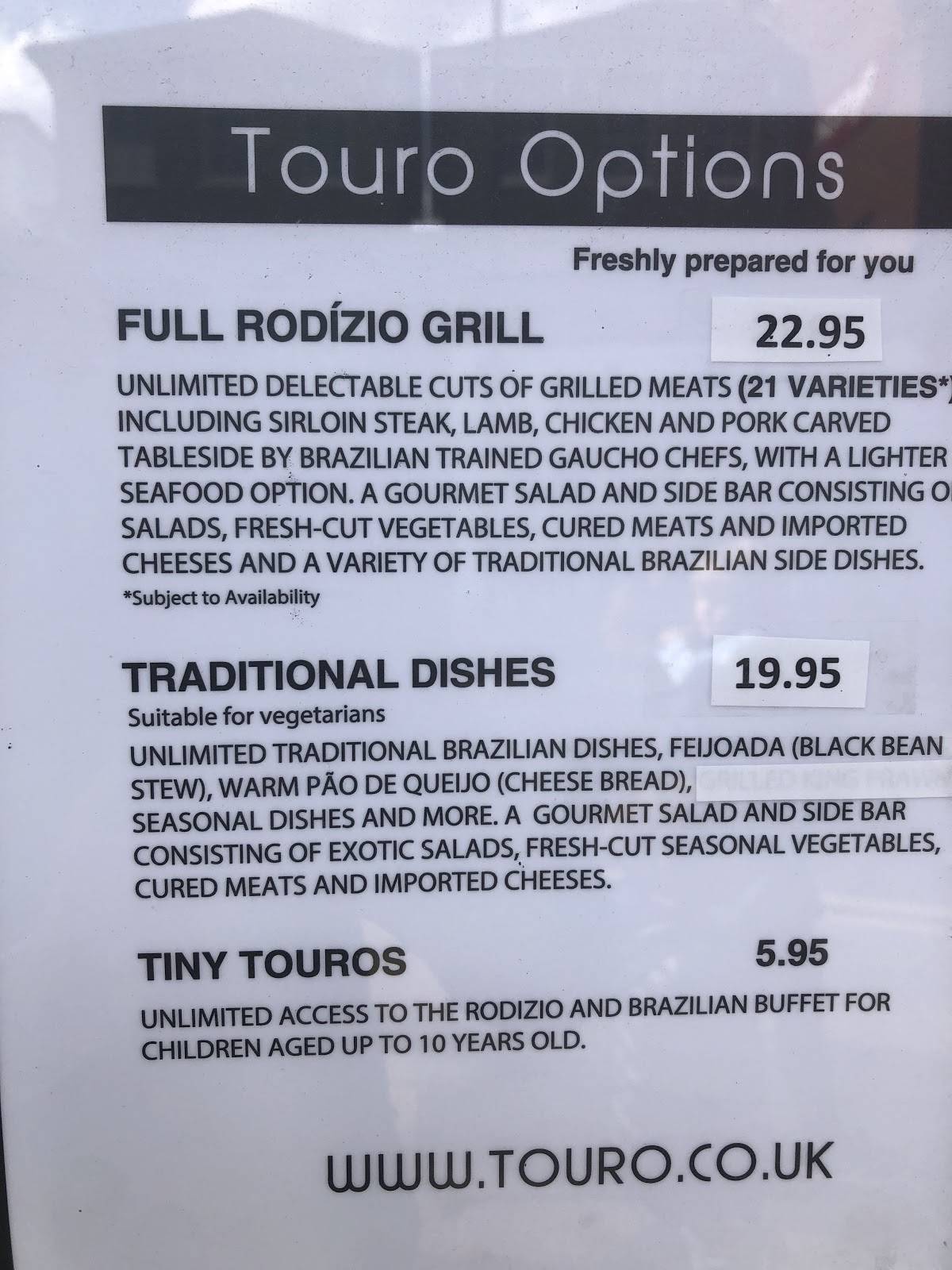 Menu at Touro Brazilian Steakhouse Wimbledon, London, 44 The Broadway