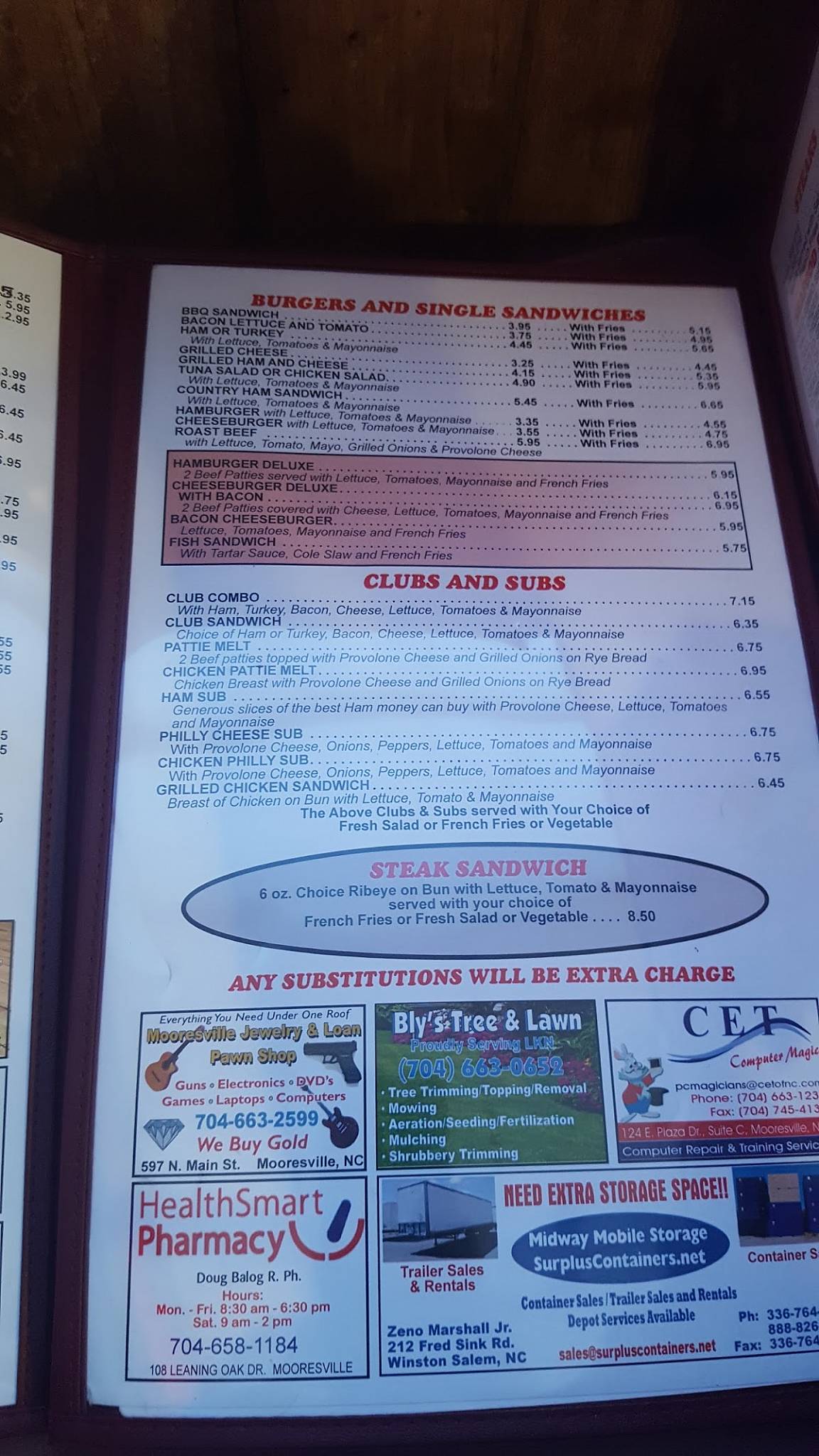 Menu at Trackside Restaurant, Mooresville