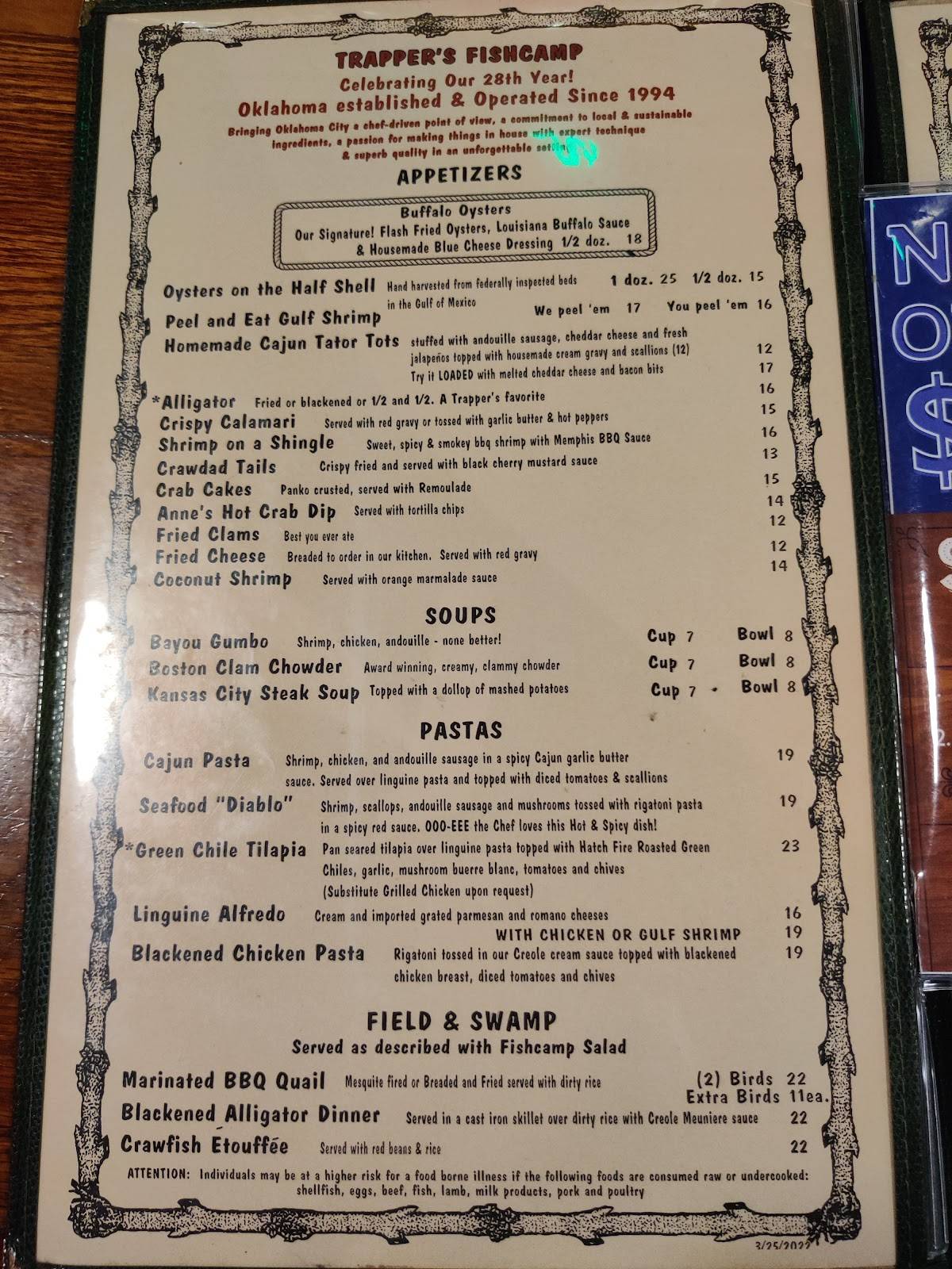 Menu at Trapper's Fishcamp & Grill restaurant, Oklahoma City