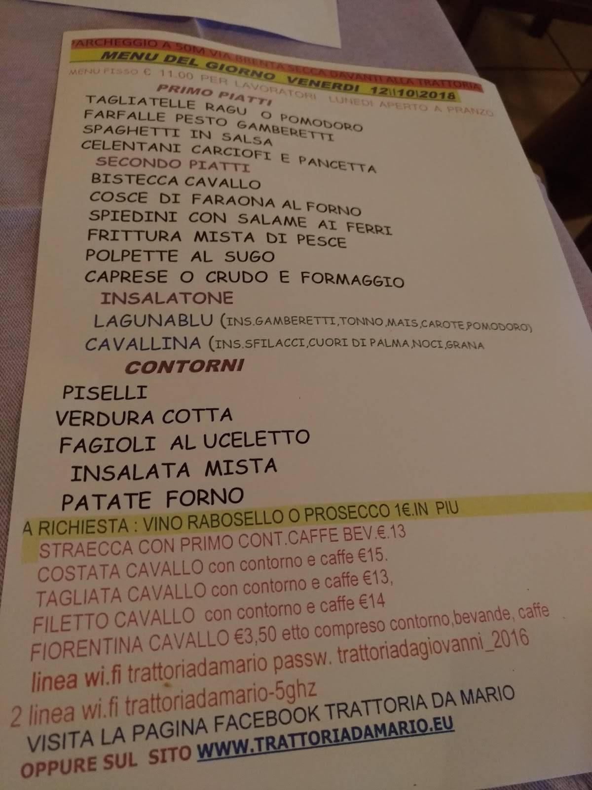 Menu da Trattoria Da Mario caffè bar, Saonara