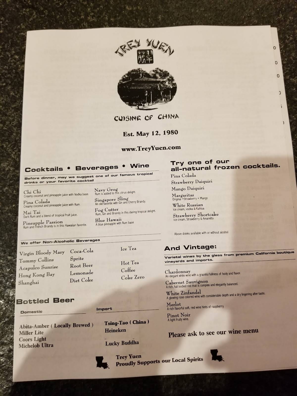 Menu at Trey Yuen restaurant, Mandeville, 600 N Causeway Blvd