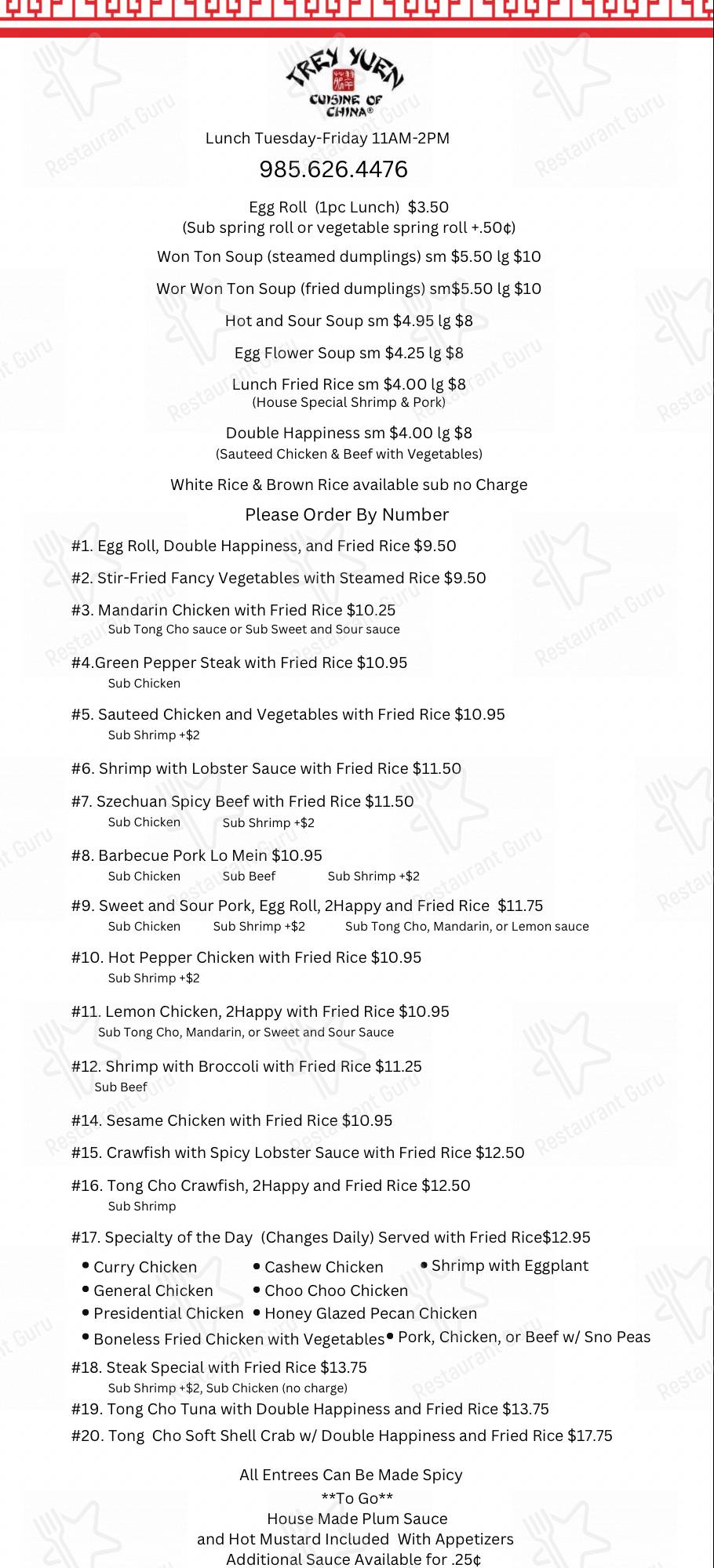 Menu at Trey Yuen restaurant, Mandeville, 600 N Causeway Blvd