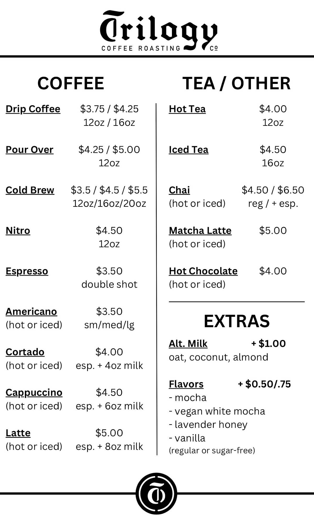 Menu at Trilogy Coffee Roasting Co cafe, DeLand