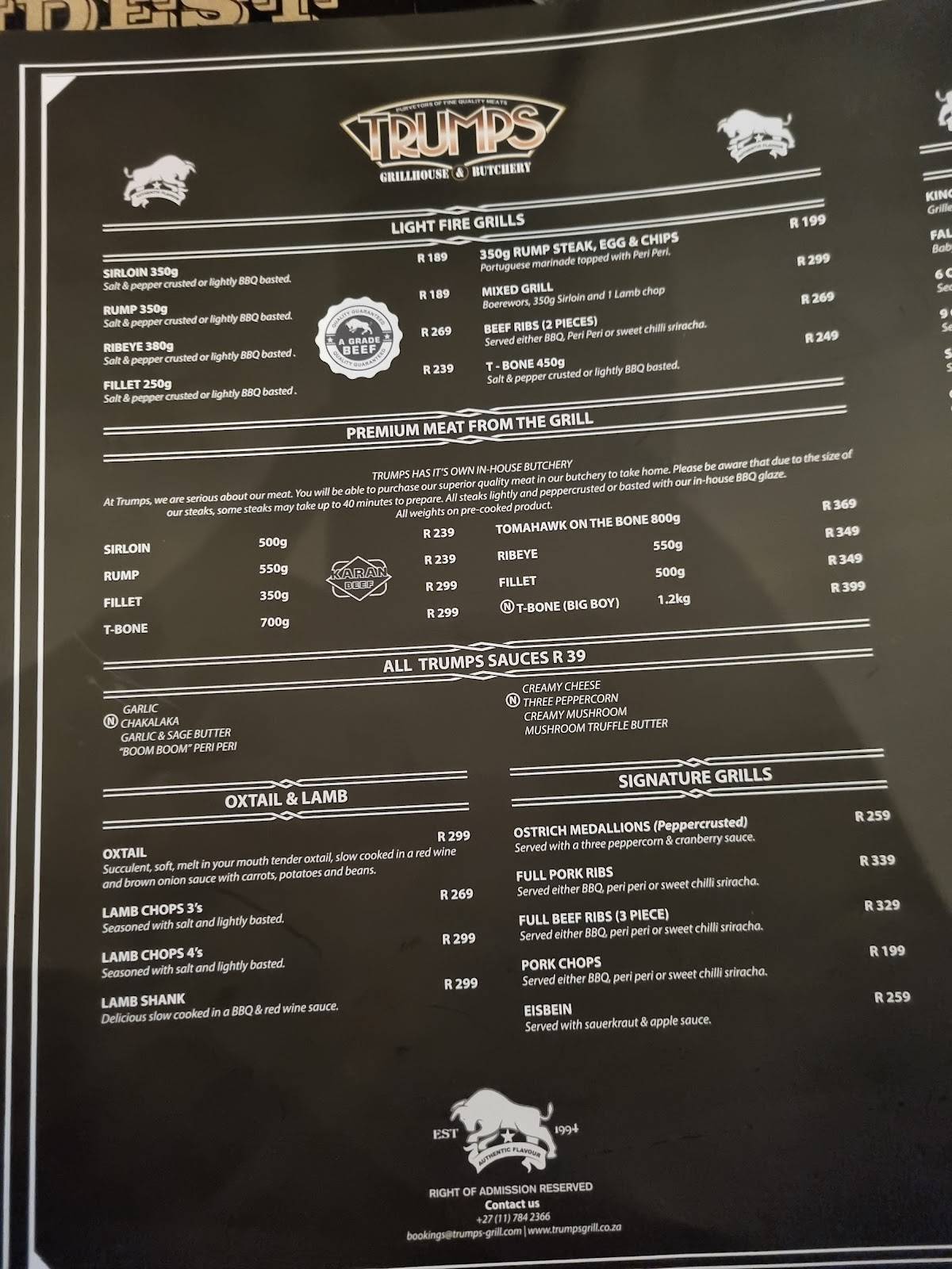 Menu at Trumps Grillhouse and Butchery pub & bar, Sandton