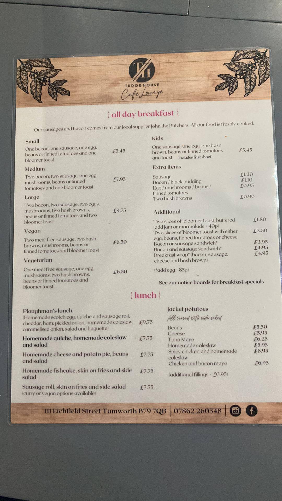 Menu at Tudor house cafe, Tamworth
