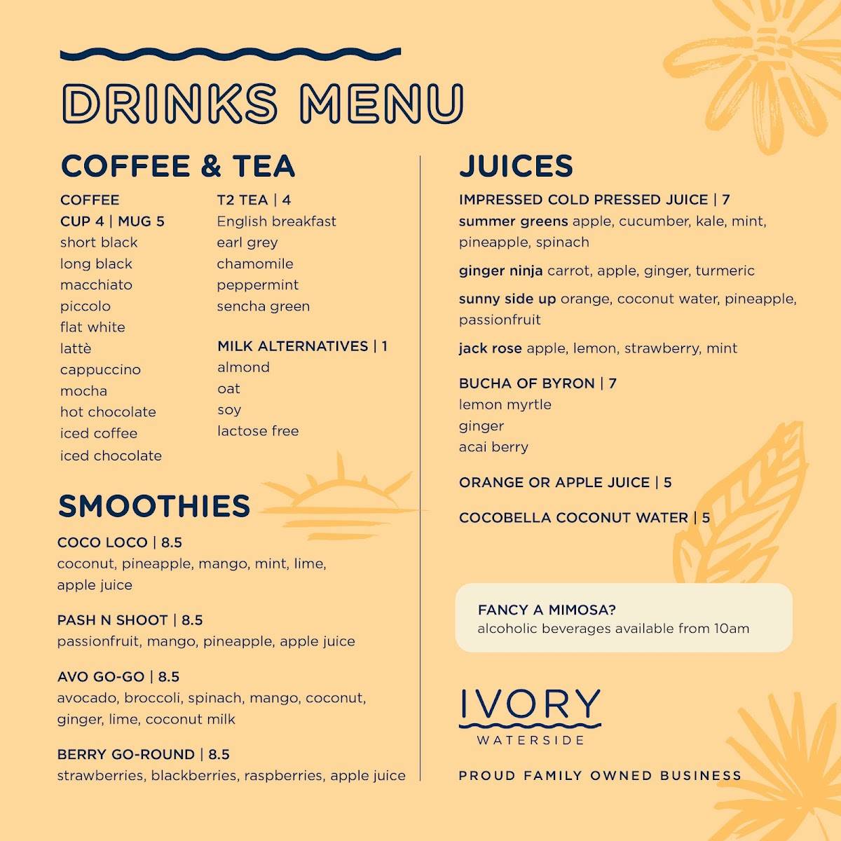 Menu at Ivory Waterside restaurant, Tweed Heads