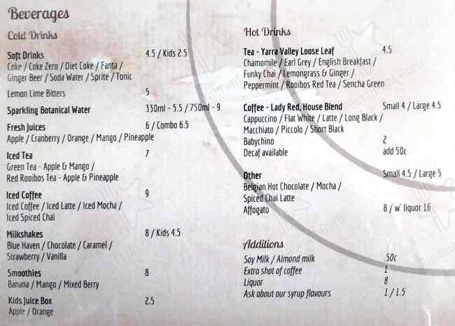 Menu at Two Beans at Carome Estate restaurant, Mernda