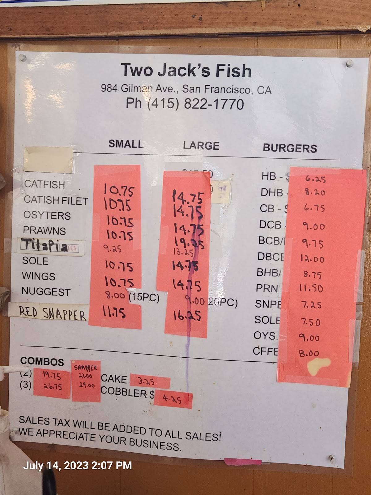 Menu at Two Jack's Seafood restaurant, San Francisco, 984 Gilman Ave